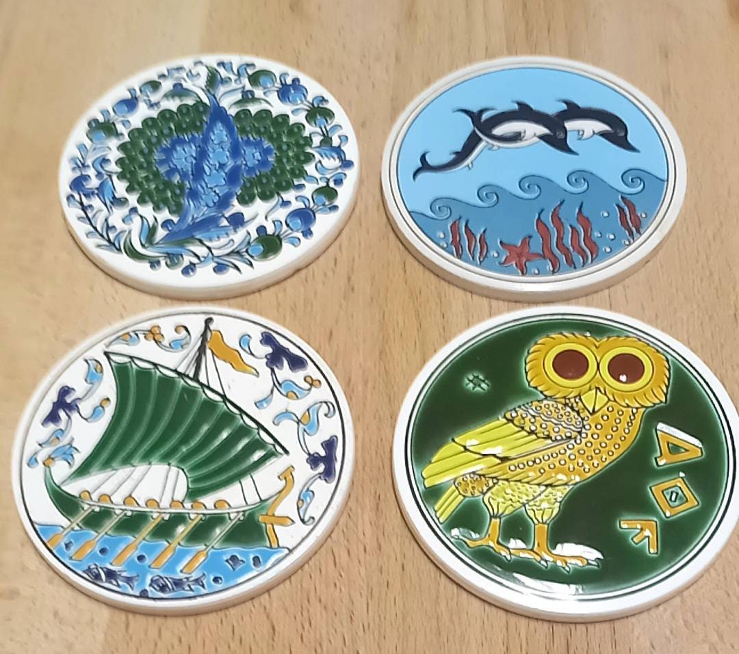 Vintage Greek Ceramic Figural Coasters 4x4 - Etsy