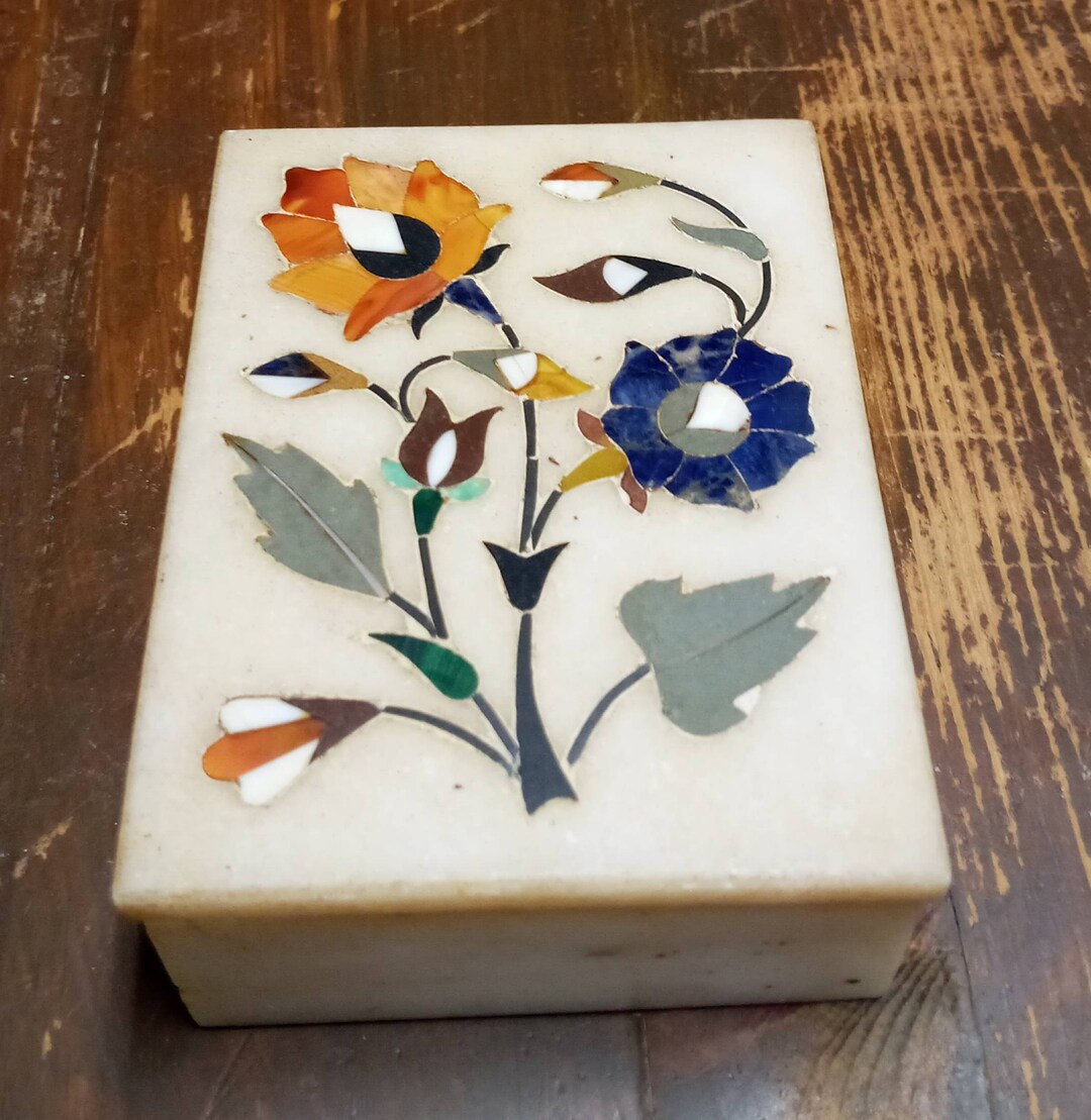 Vintage Marble Inlaid Stone Floral Trinket Box - Etsy