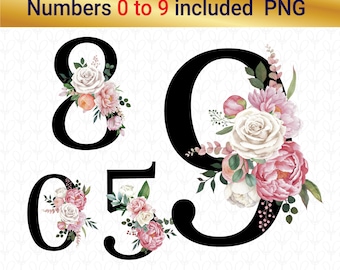 Floral Numbers, Watercolor Floral Numbers, Floral Numbers, Pink ...