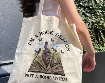 Book Dragon Book Tote Bag, Fantasy Bookish Gift, Book Lover Gift, Book ...
