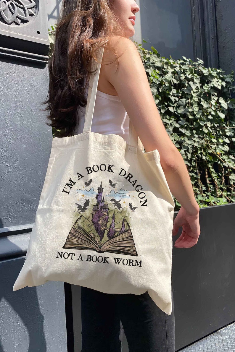 Book Dragon Book Tote Bag, Fantasy Bookish Gift, Book Lover Gift, Book ...