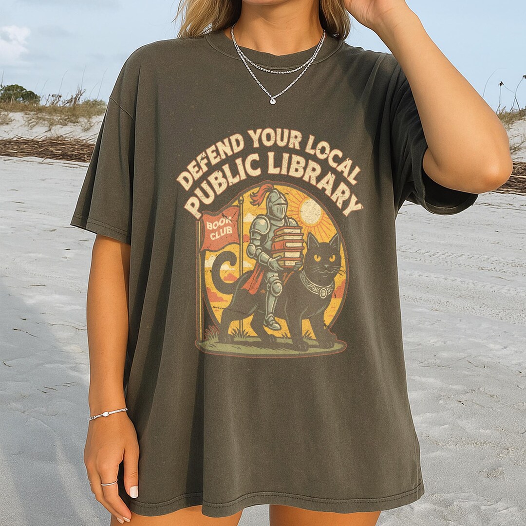 Funny Book Lover Defend Your Local Library Knight Cat, Medieval Cat Tee ...