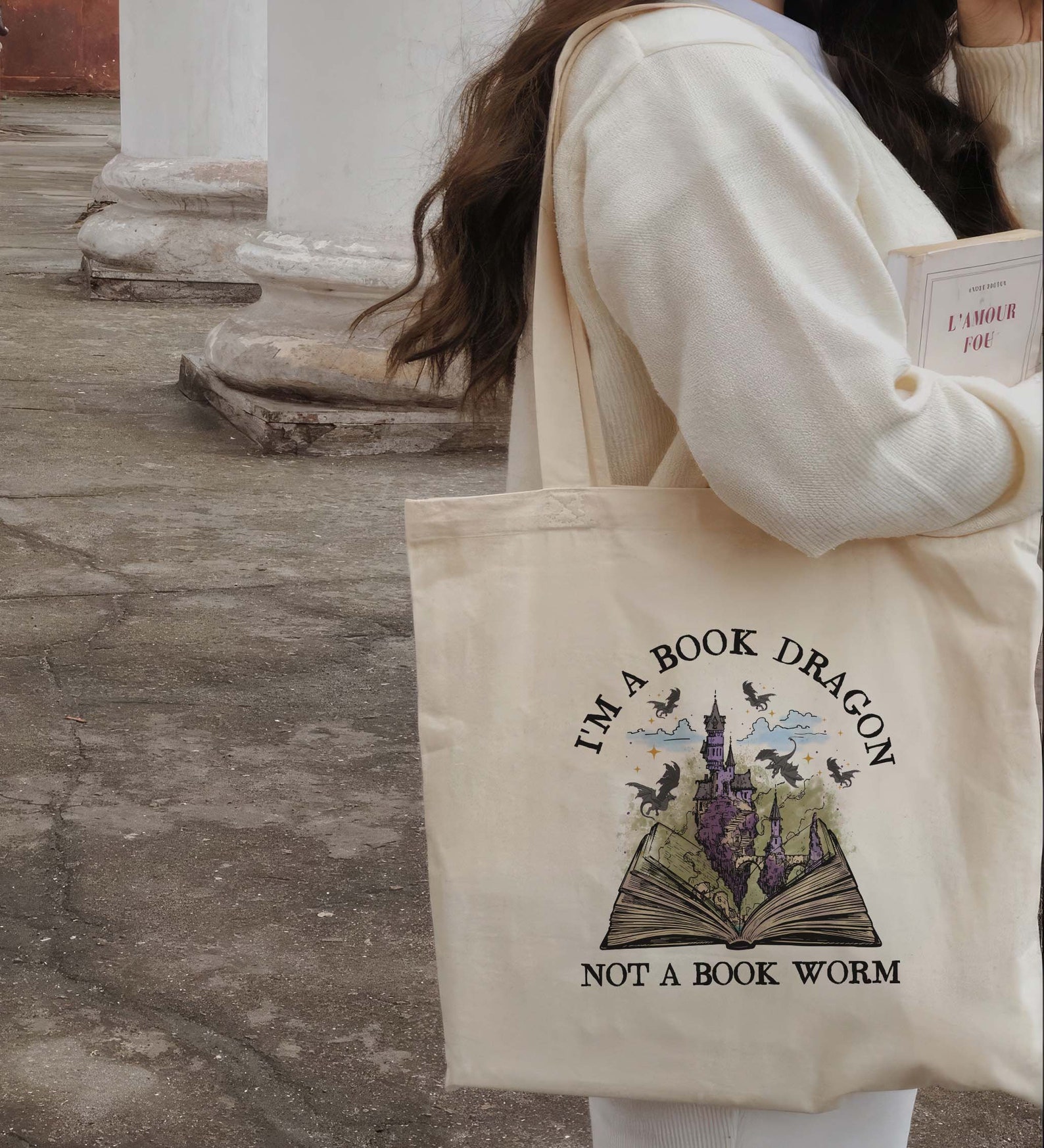Book Dragon Book Tote Bag, Fantasy Bookish Gift, Book Lover Gift, Book ...
