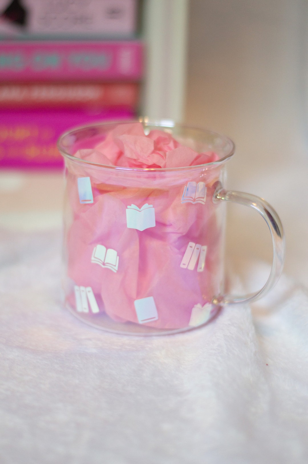 Iridescent Book Pattern Glass Mug Book Lover Glass Cup Book Lover ...