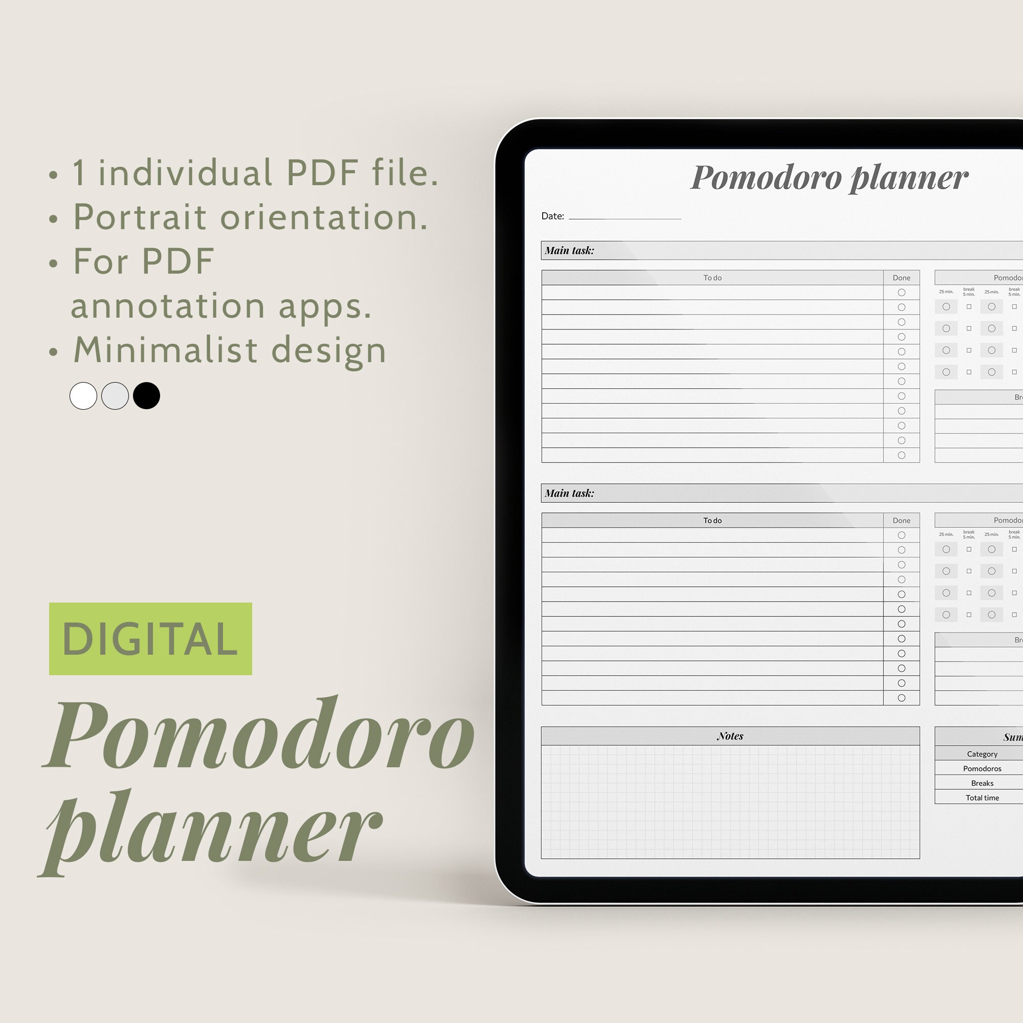 Pomodoro Planner Goodnotes Template: Minimalist Study Technique (PDF ...