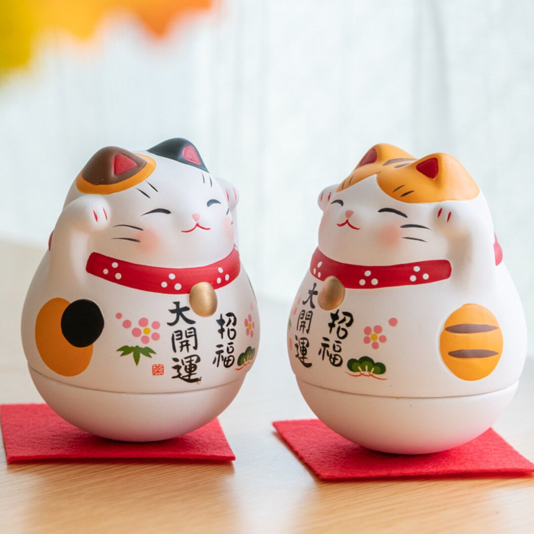 Japanese Cute Cat Figurine Roly-poly Toy, Calico Cat Desktop Ornament ...