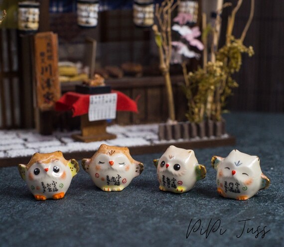 Japanese Cute Owl Figurine Ceramic Owl Miniature Desktop - Etsy