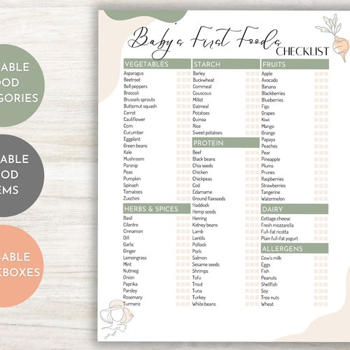100 Baby's First Foods Editable PDF Checklist - Etsy