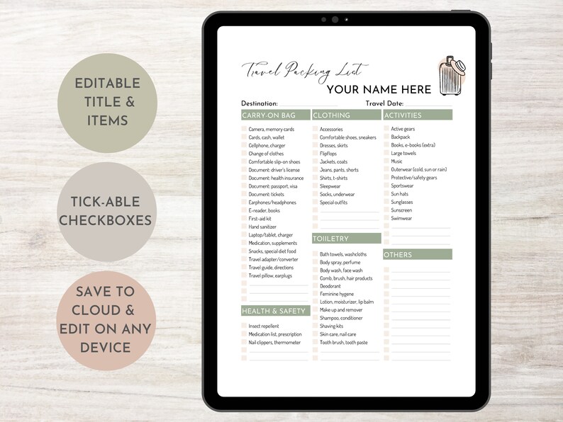 Editable Travel Packing List - Customizable With Your Name - Add or ...