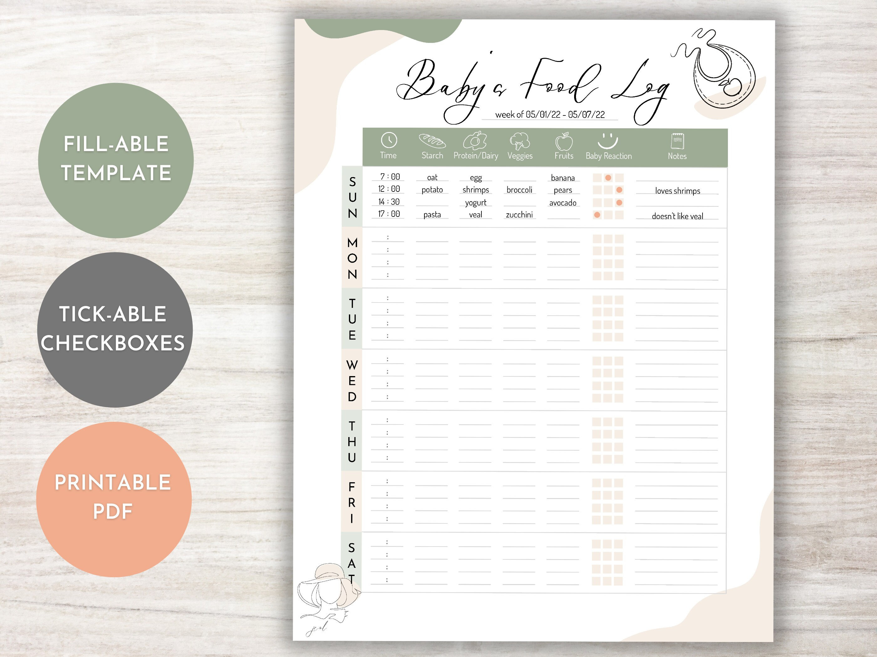 Baby Food Log Diary - Editable Fillable Printable PDF - Track Your Baby ...