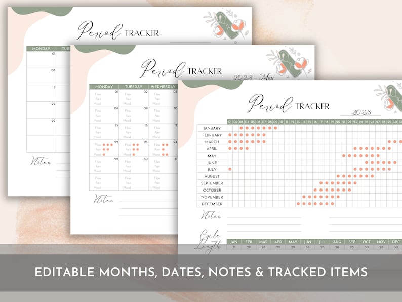 Period Tracker 3 Editable Printable Templates Monthly and - Etsy