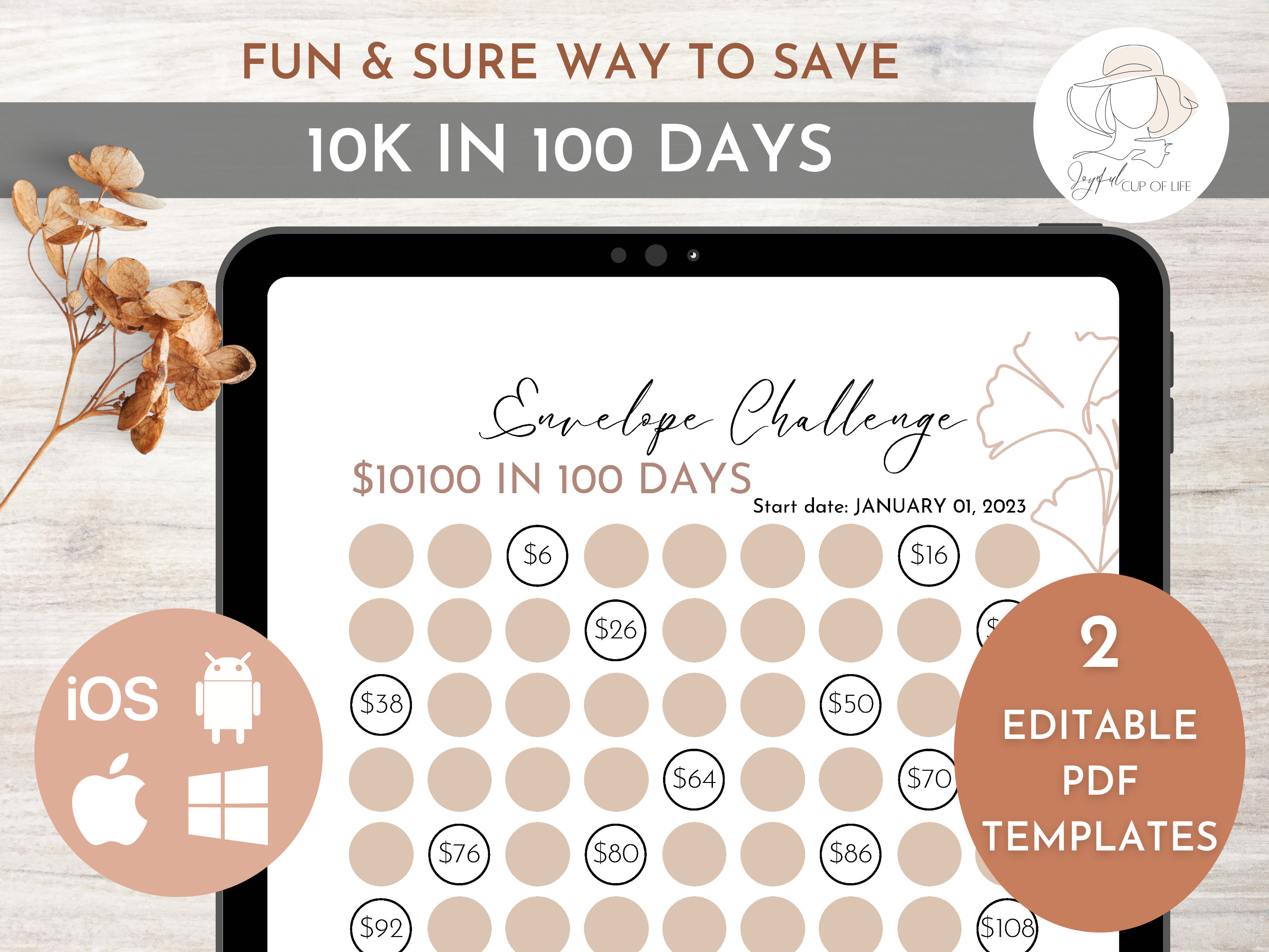 Interactive 10k Savings Challenge - Minimalistic Digital 100 Envelope ...