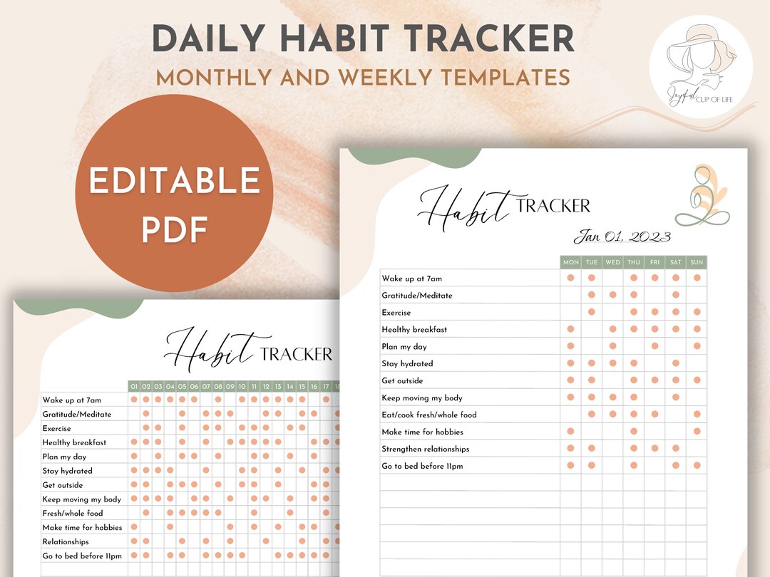 Daily Habit Tracker - Editable Checkable Printable Monthly and Weekly ...