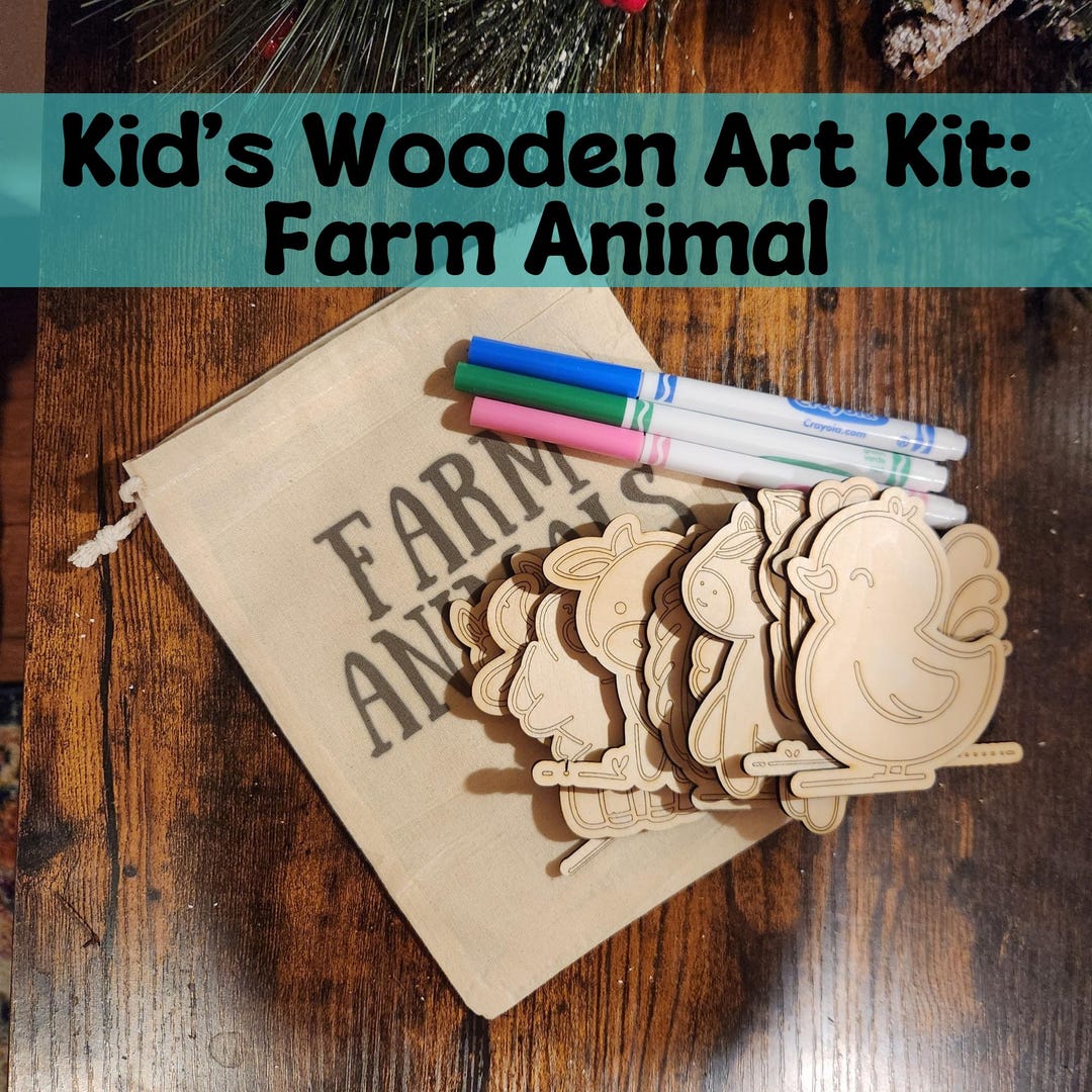Kid's Wooden Art Kit Farm Animals, Kids Art Kit, Coloring Kit, Animal ...