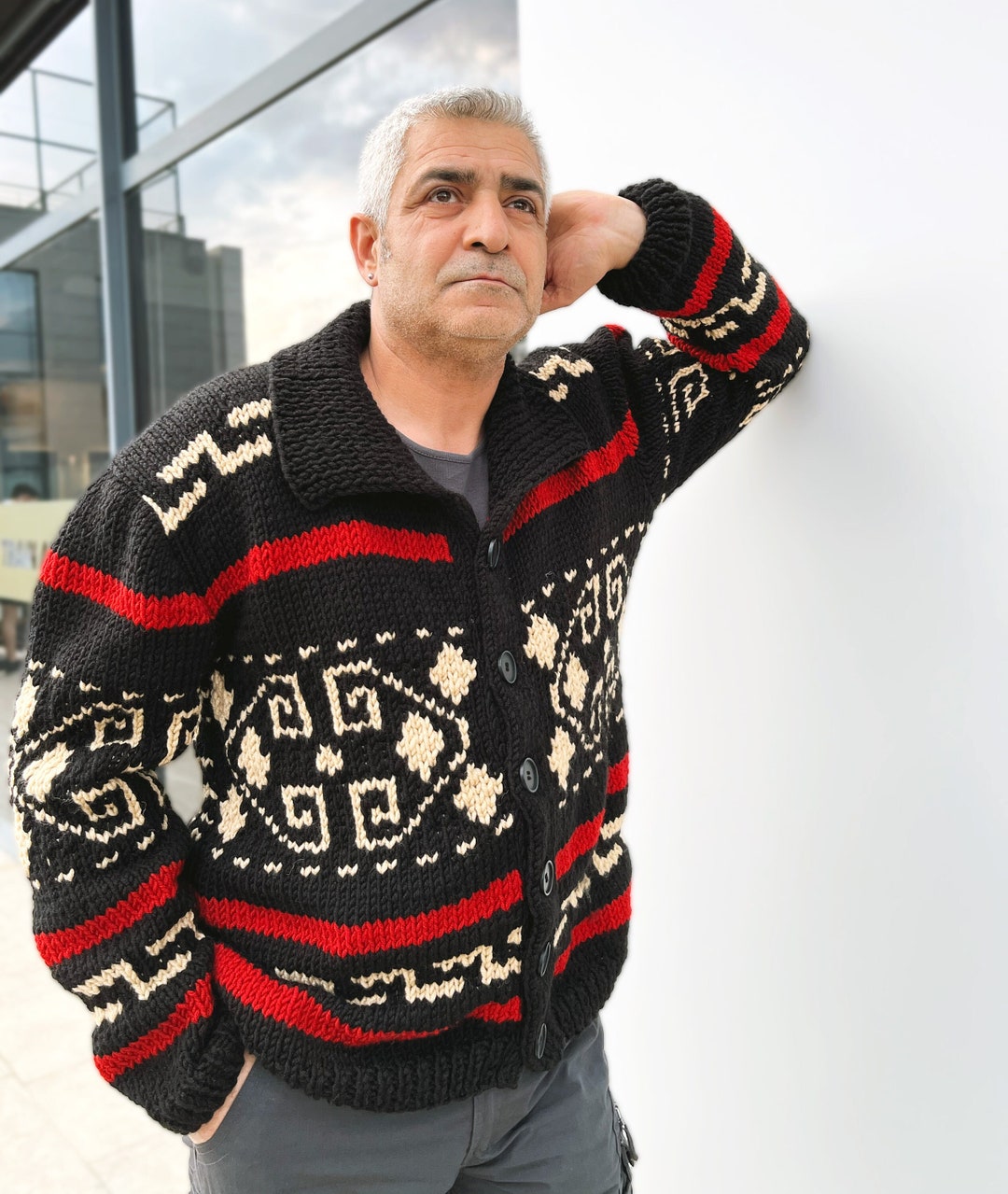 Dude Style Sweater Big Lebowski Navy Blue Buttoned Cardigan Hand Knit ...