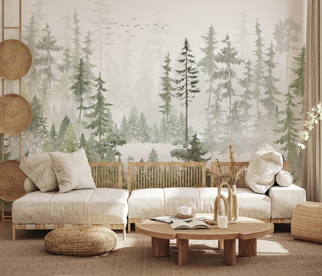 Watercolor Pine Tree Forest Peel and Stick Wallpaper Forest Wallpaper ...