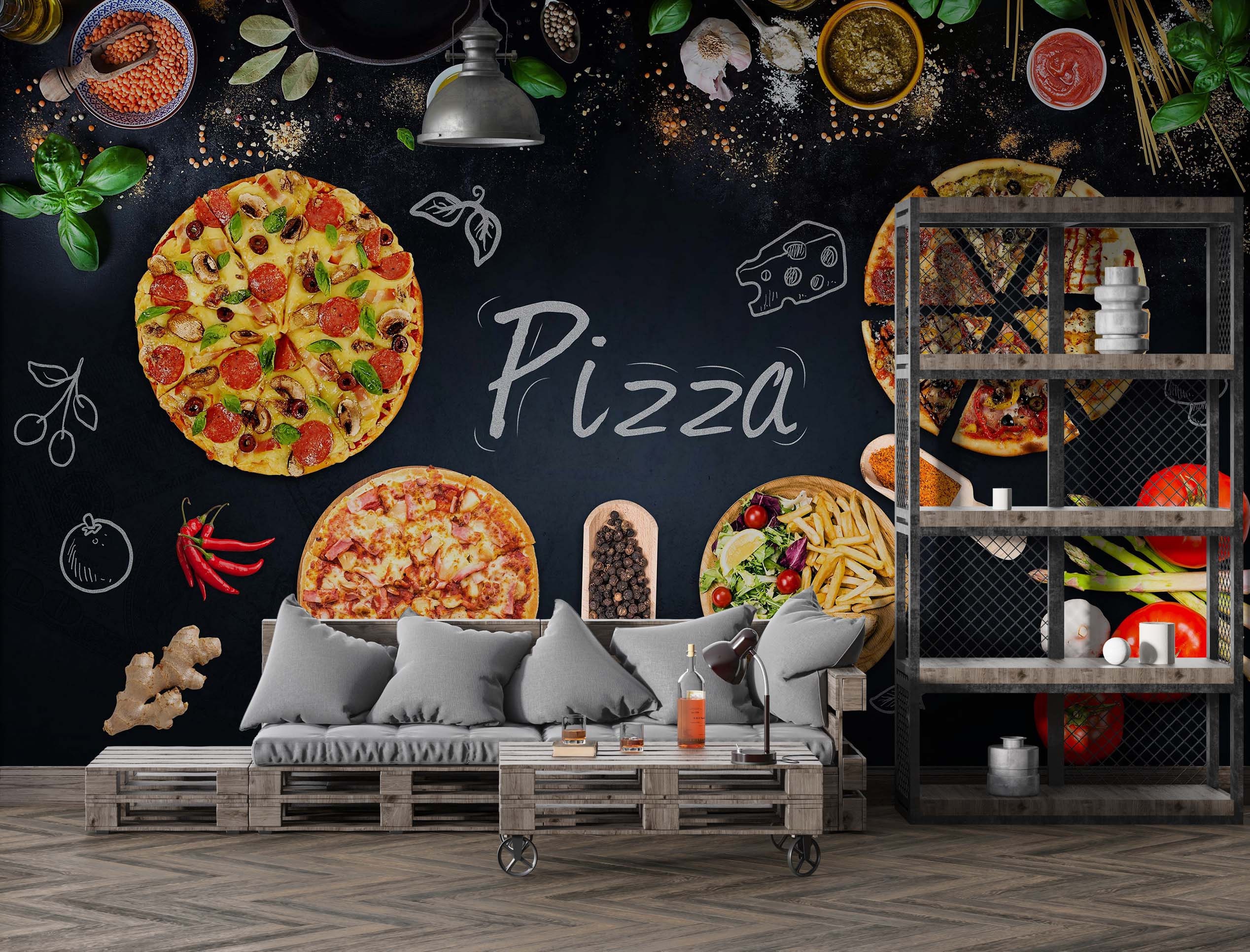 Pizza Restaurant Wallpaper, Fast Food Cafe Wall Mural, Modern Cafe ...