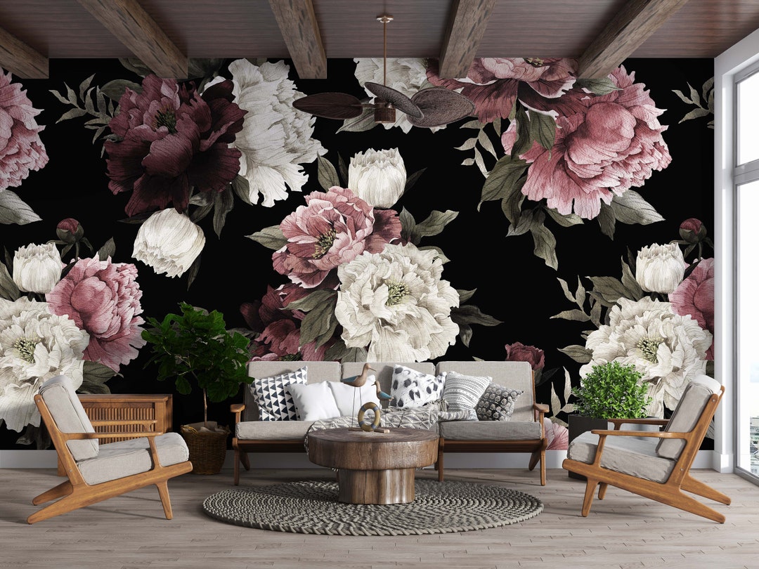 Peony Flower Wallpaper Mural With Watercolor Peony Blossoms, Peel and ...