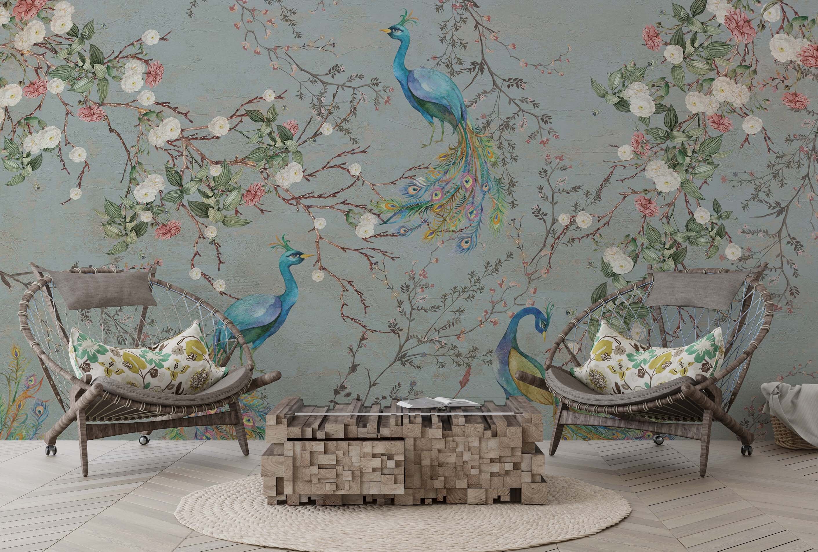 Peacock Detailed Vintage Stylefloral Design Wall Mural - Etsy