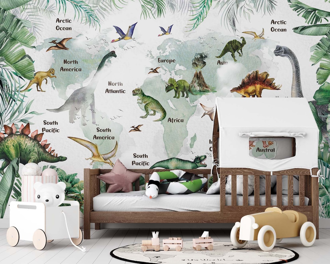 Dinosaur World Map Wallpaper: Tropical Forest Mural, Customizable - Etsy