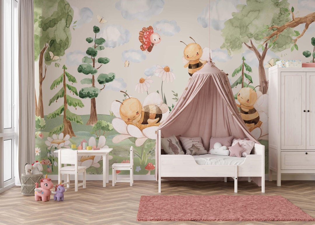 Cute Bees Wallpaper: Spring Forest Peel and Stick Kids Room Mural - Etsy