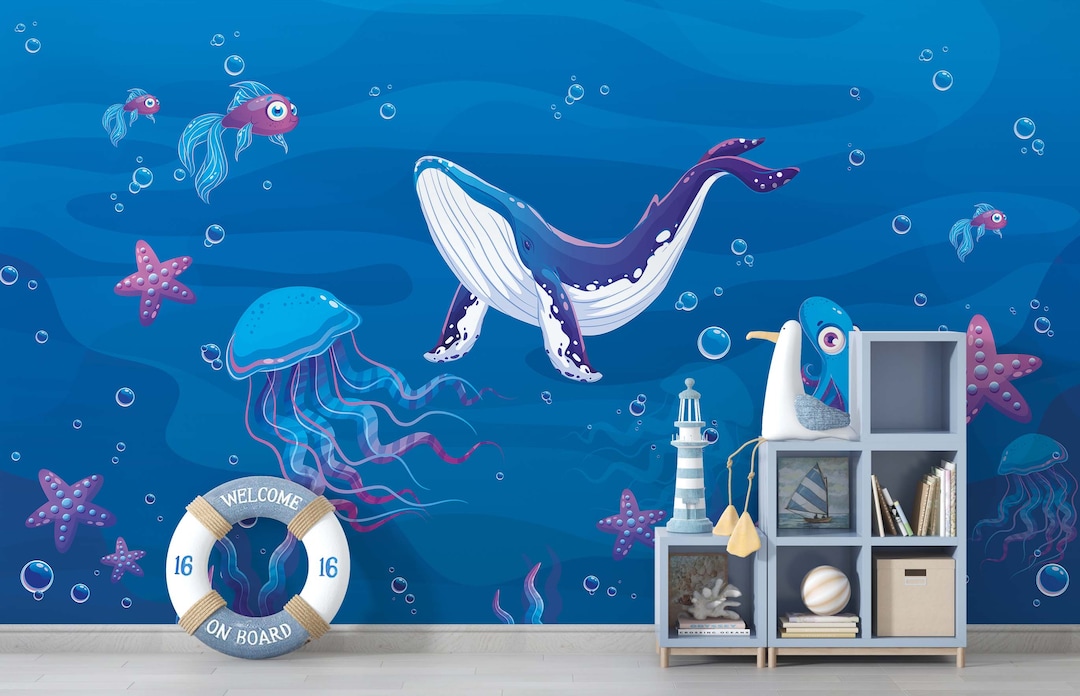 Sea Fishes Child Room Wall Mural, Customizable,whale Ocean Wallpaper ...