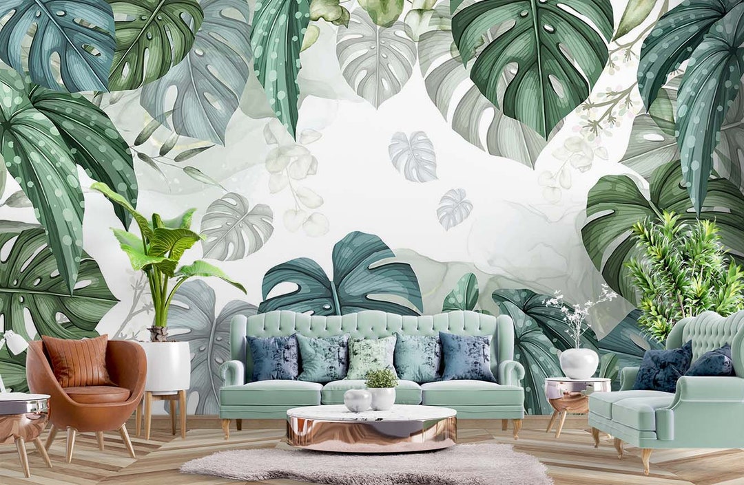 Monstera Wallpaper, Watercolor Mural, Monstera Leaf , Tropical Green ...