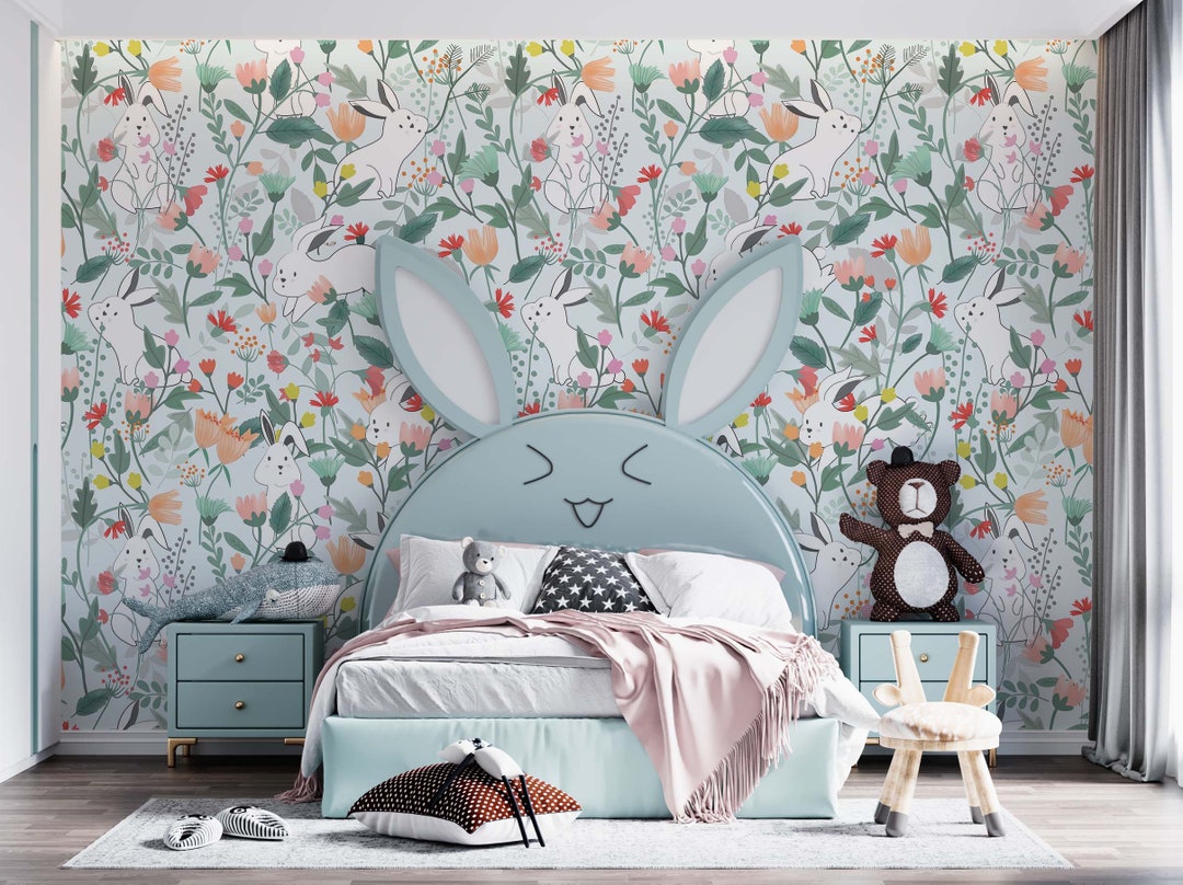 Little Cute Rabbit, Child Room Wallpaper, Peel and Stick, Flowers Wall ...