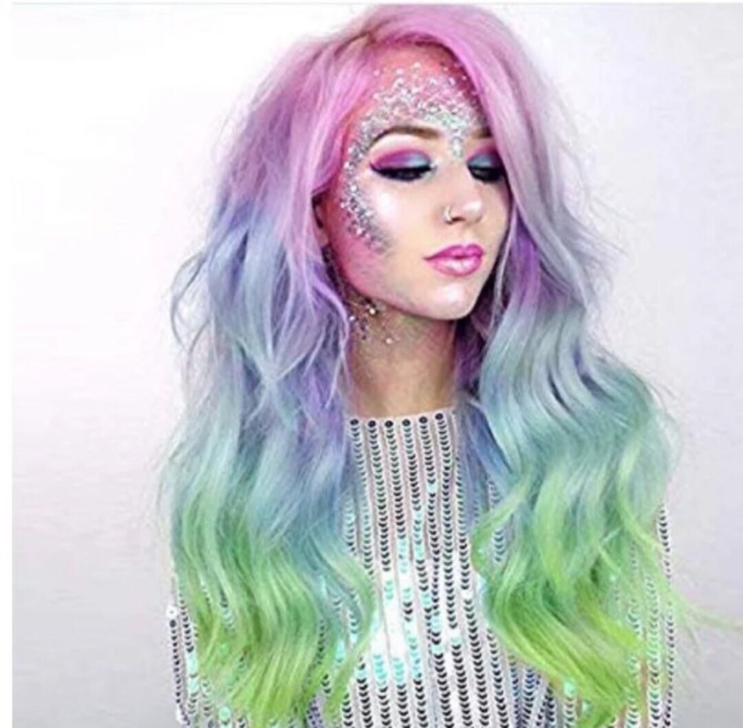 Rainbow Curly Wavy Lace Front Wig - Etsy