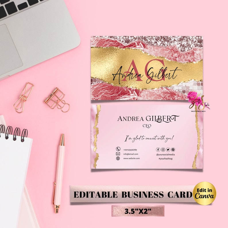Editable Pink Gold Glitter Business Card Template Sparkle - Etsy
