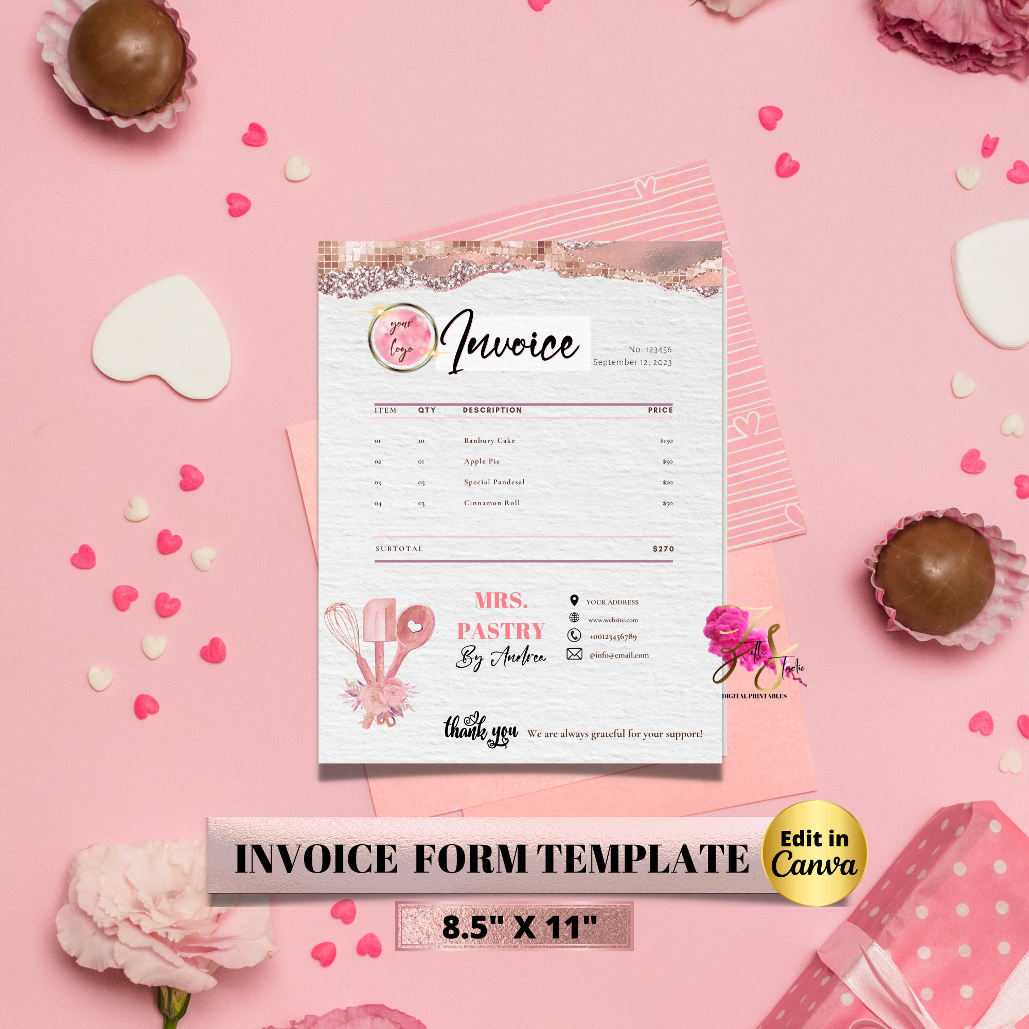 Pink Invoice Template Editable, Custom Order Form Printable for Small ...