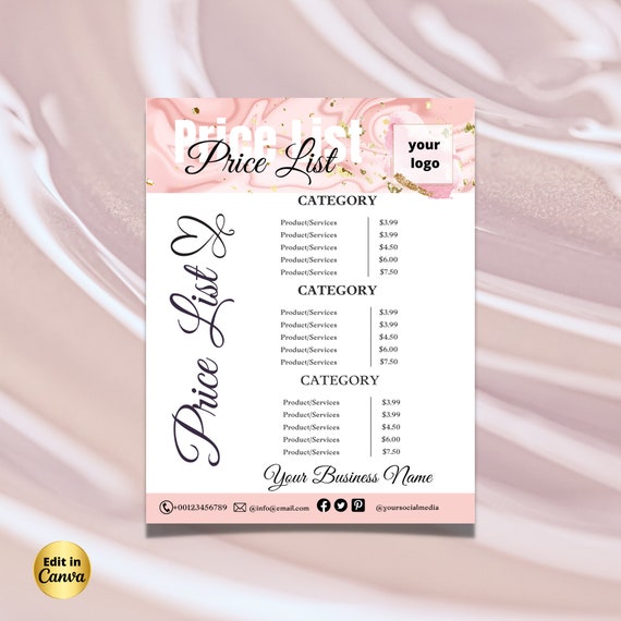 Pink Editable Price List Template Printable Business Pricing - Etsy Ireland