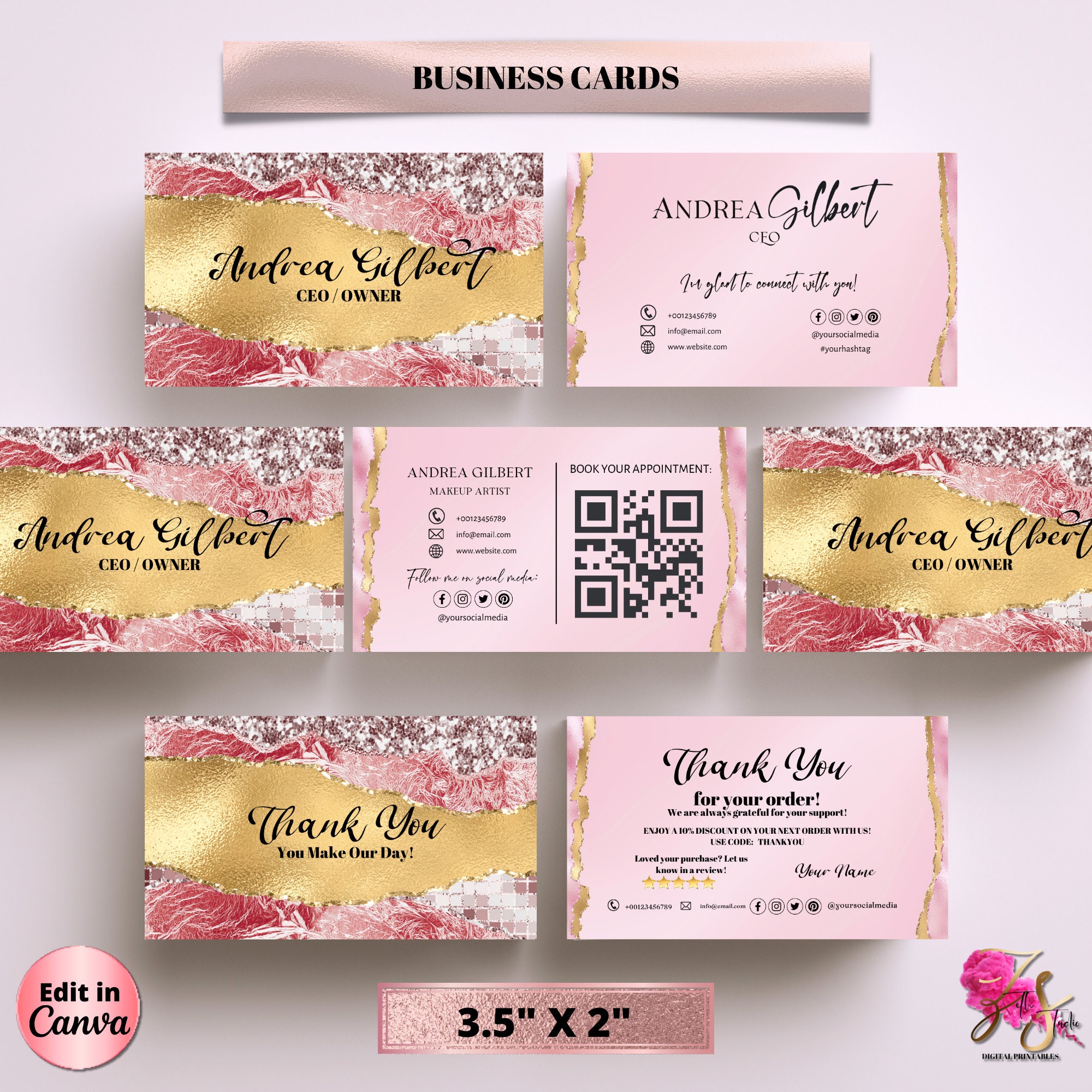 Editable Pink Gold Glitter Business Card Template, Sparkle Business ...