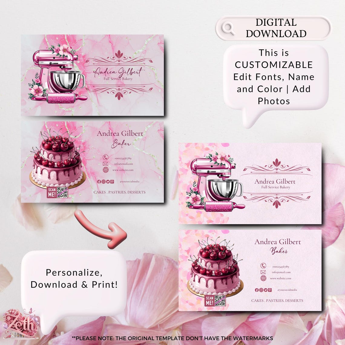 MODERN Pink Cake Bakery Business Card Template DIY Custom Cake Business ...