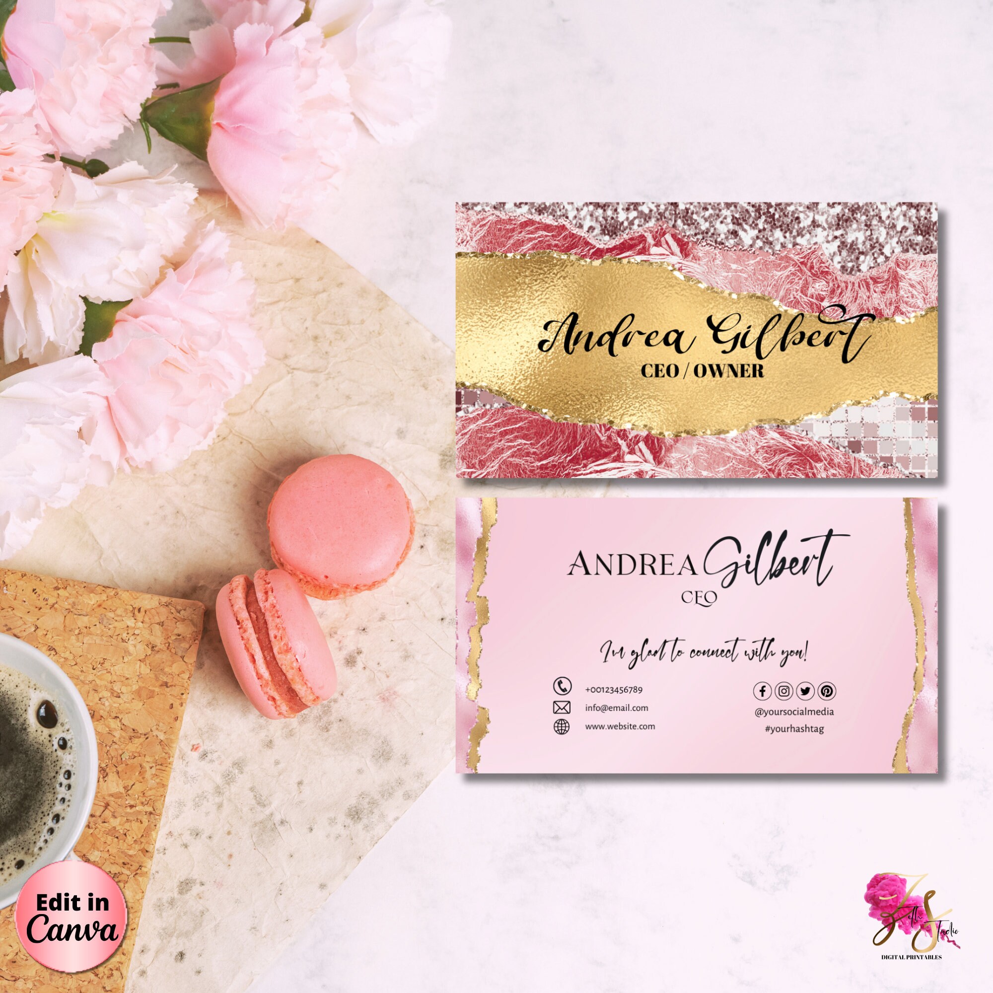 Editable Pink Gold Glitter Business Card Template, Sparkle Business ...