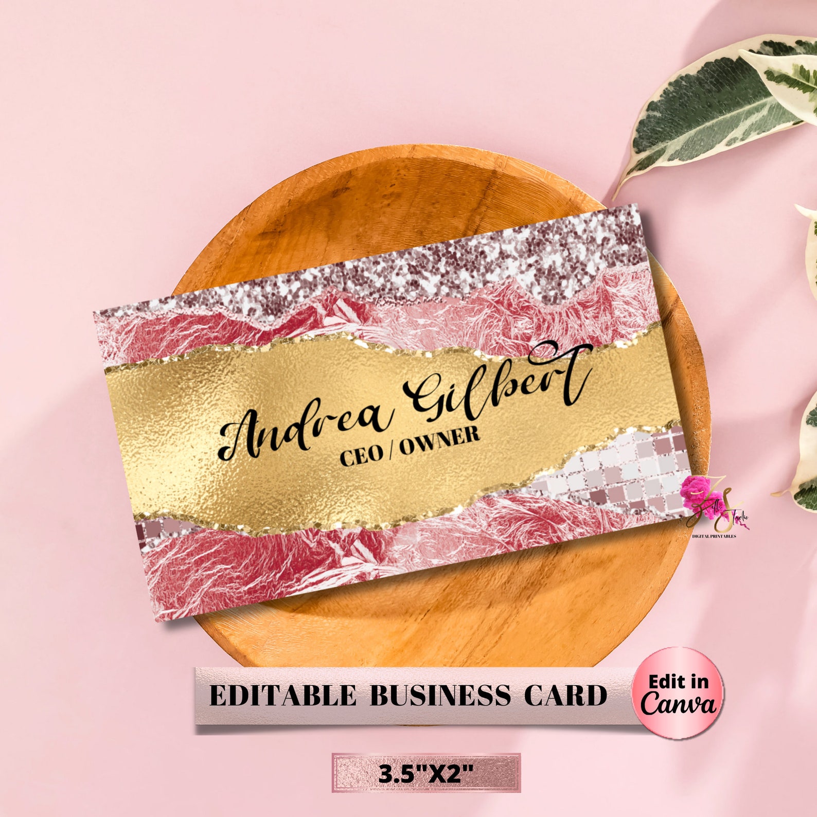 Editable Pink Gold Glitter Business Card Template, Sparkle Business ...