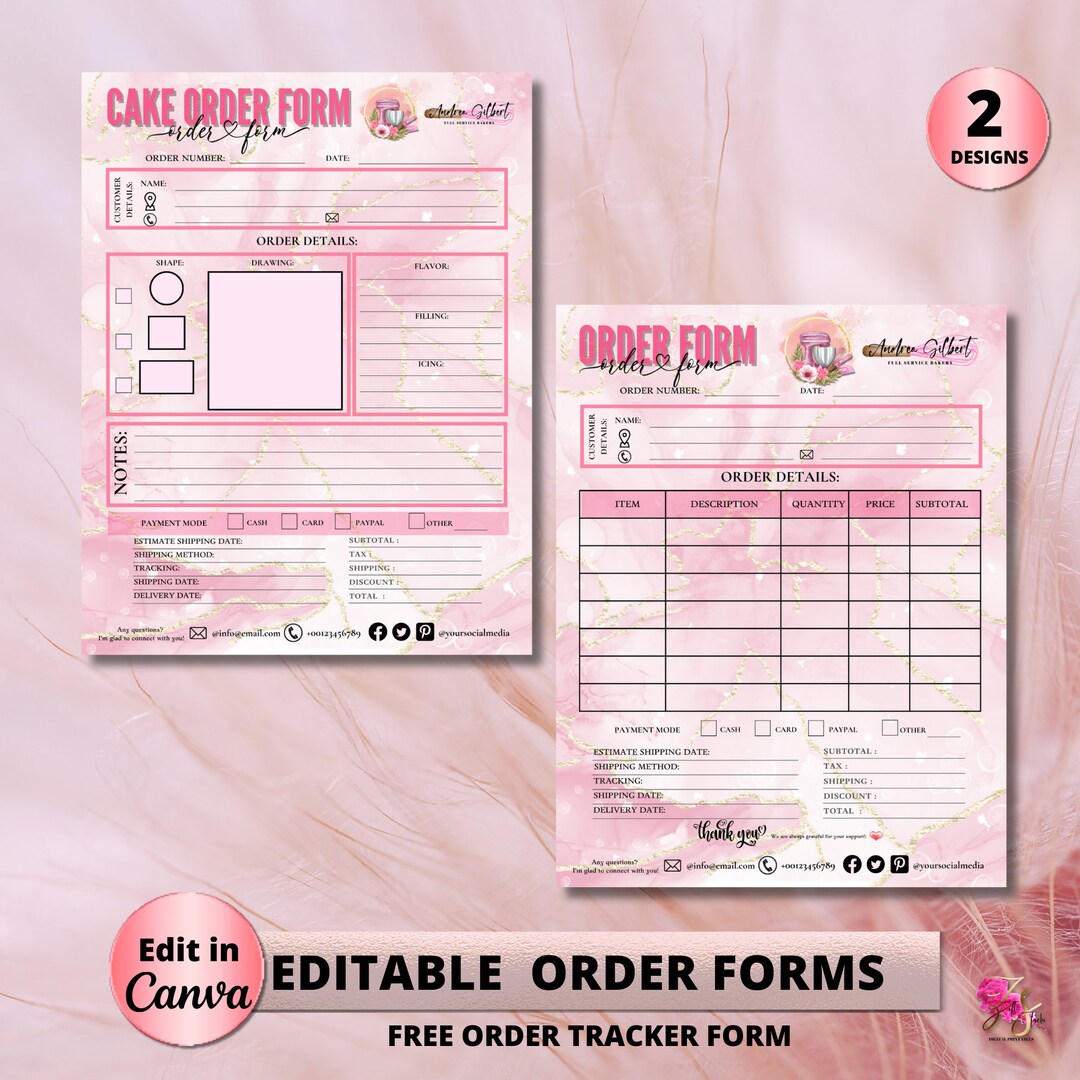 Pink Custom Cake Order Form Editable, Pink Watercolor Custom Bakery ...