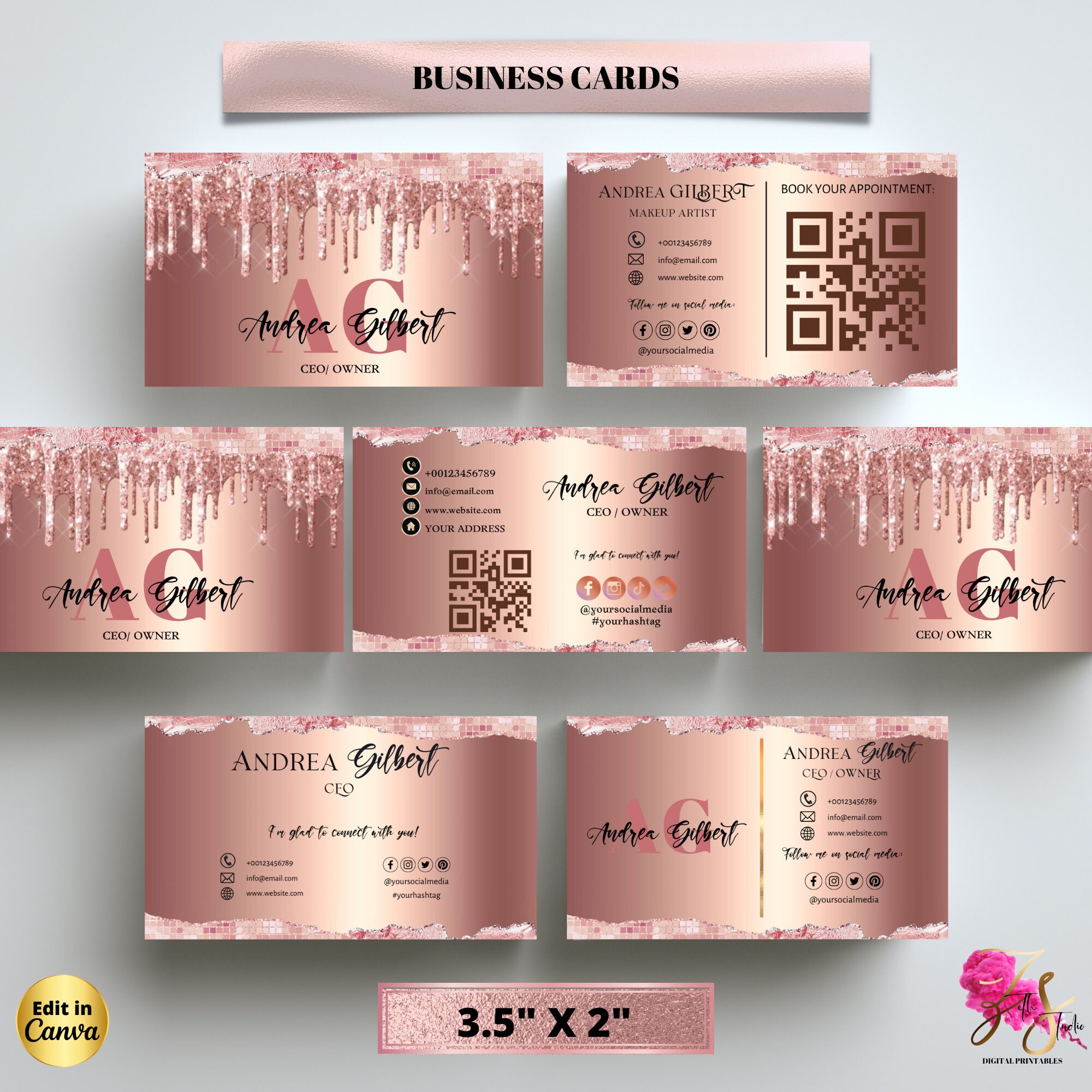 Modern Pink Glitter Business Card Kit Template, Feminine Business Card ...