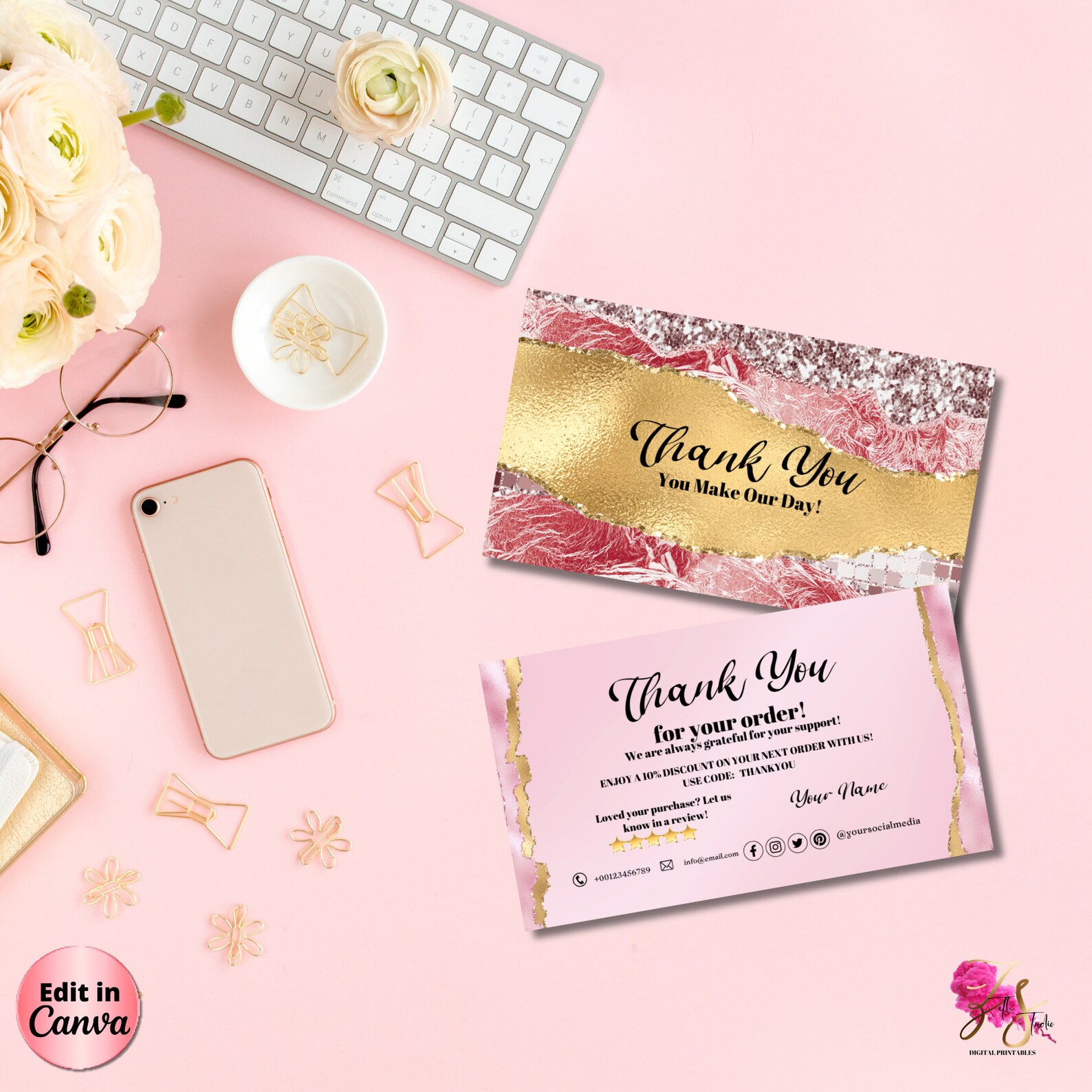 Editable Pink Gold Glitter Business Card Template, Sparkle Business ...