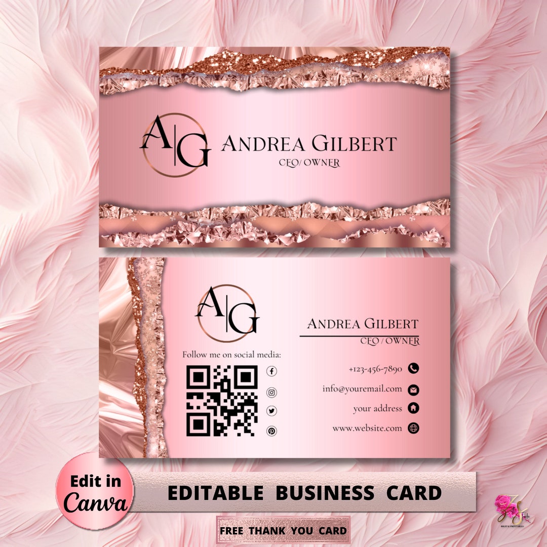 Editable Rose Gold Business Card Template, Feminine Business Card ...