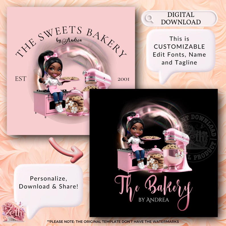 Pink Cookie Bakery Logo, Black Hair Bakery Girl Logo, Cookie Catering ...