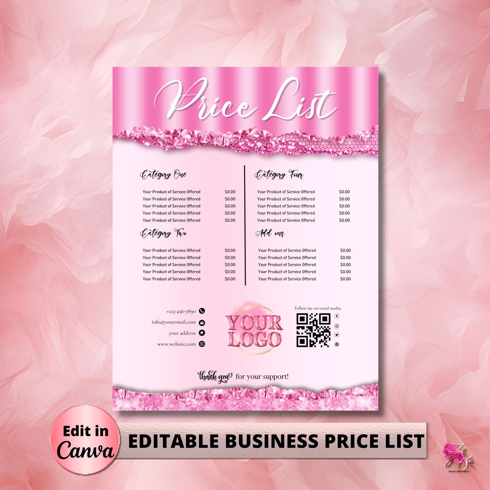 Pink Editable Price List Template, Printable Business Pricing Template ...