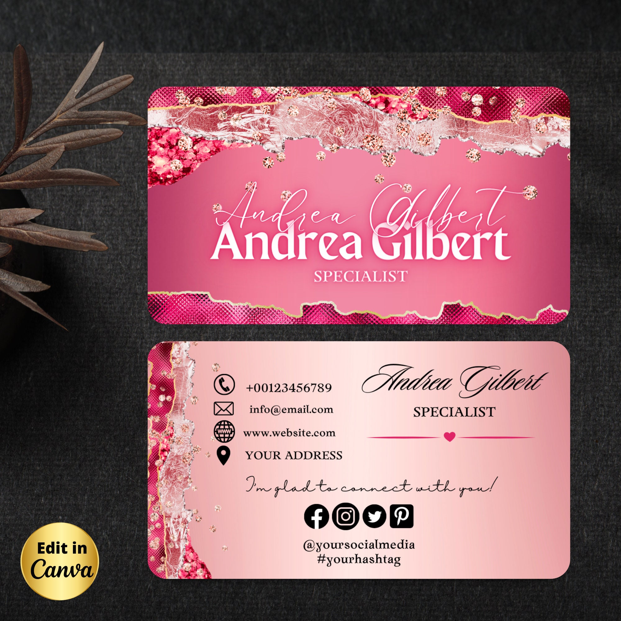 Pink Business Card Printable Business Card Template Modern - Etsy