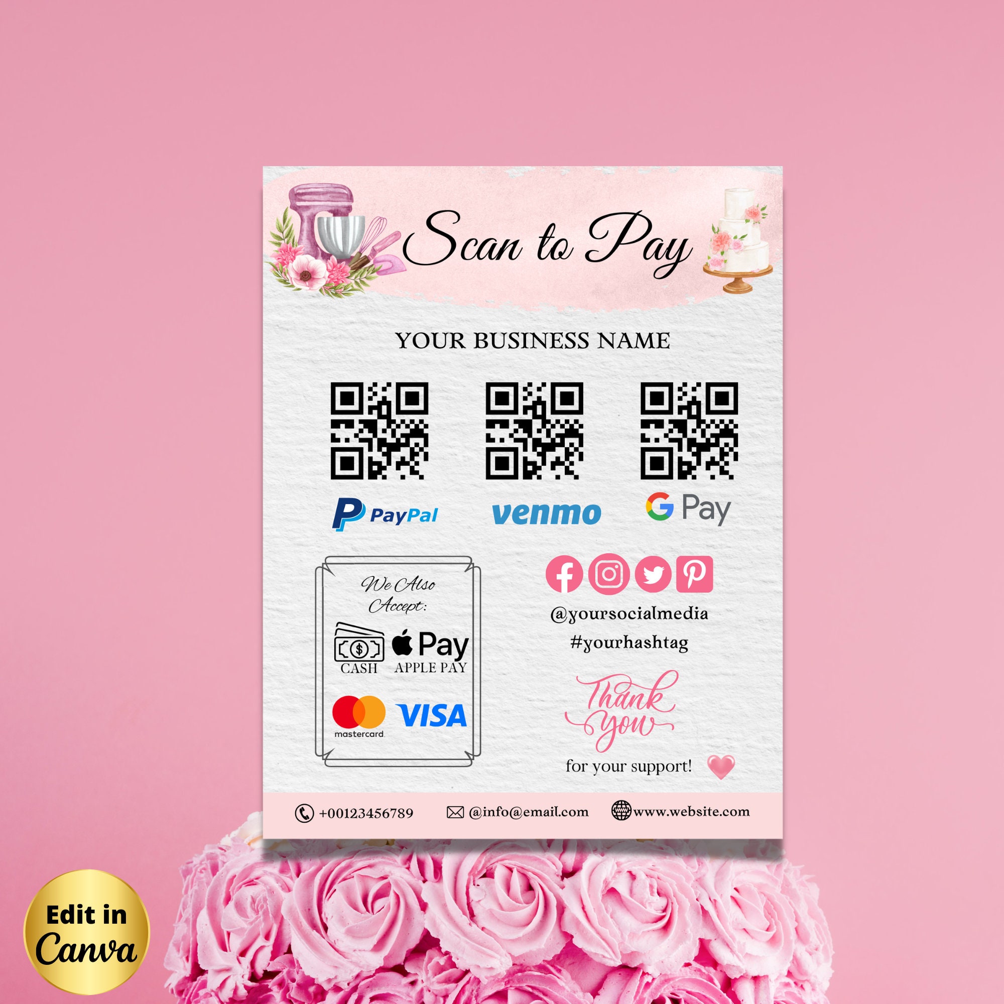 Pink Cake Editable Scan to Pay Template, Printable Payment Sign QR Code ...