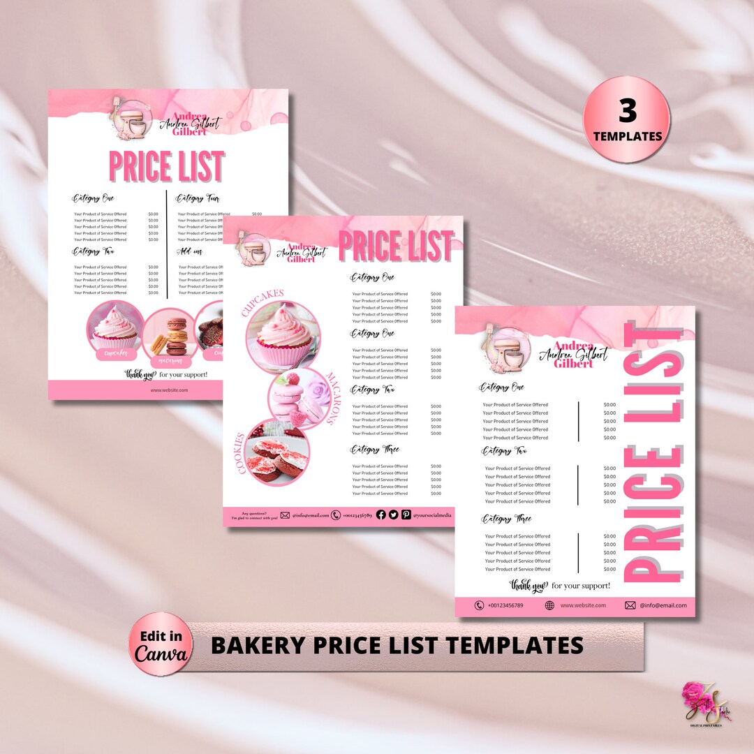 Pink Cake Editable Price List Template, Pink Bakery Cake Printable ...