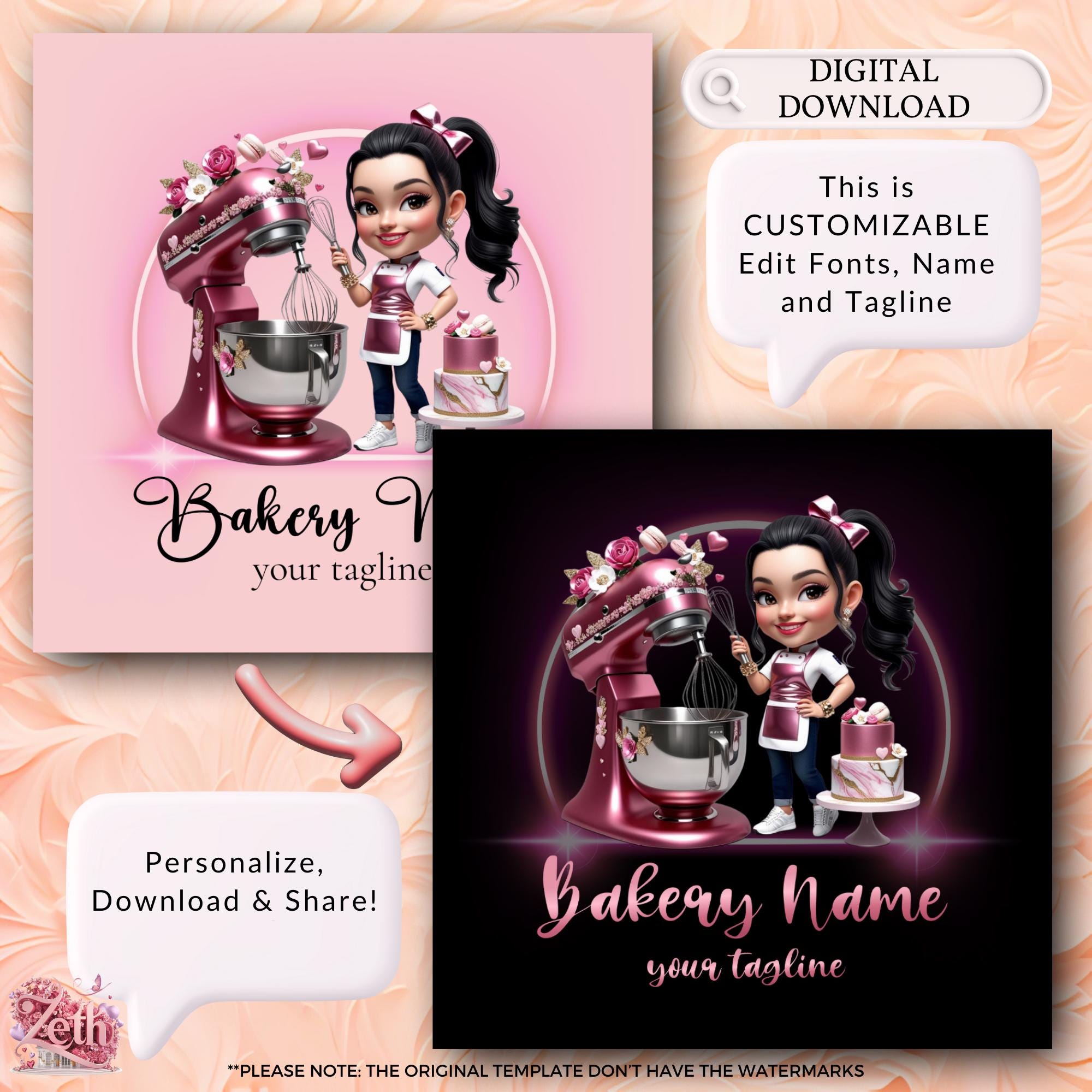 Chibi Black Hair Girl Bakery Logo: Custom Pastry Design (digital ...
