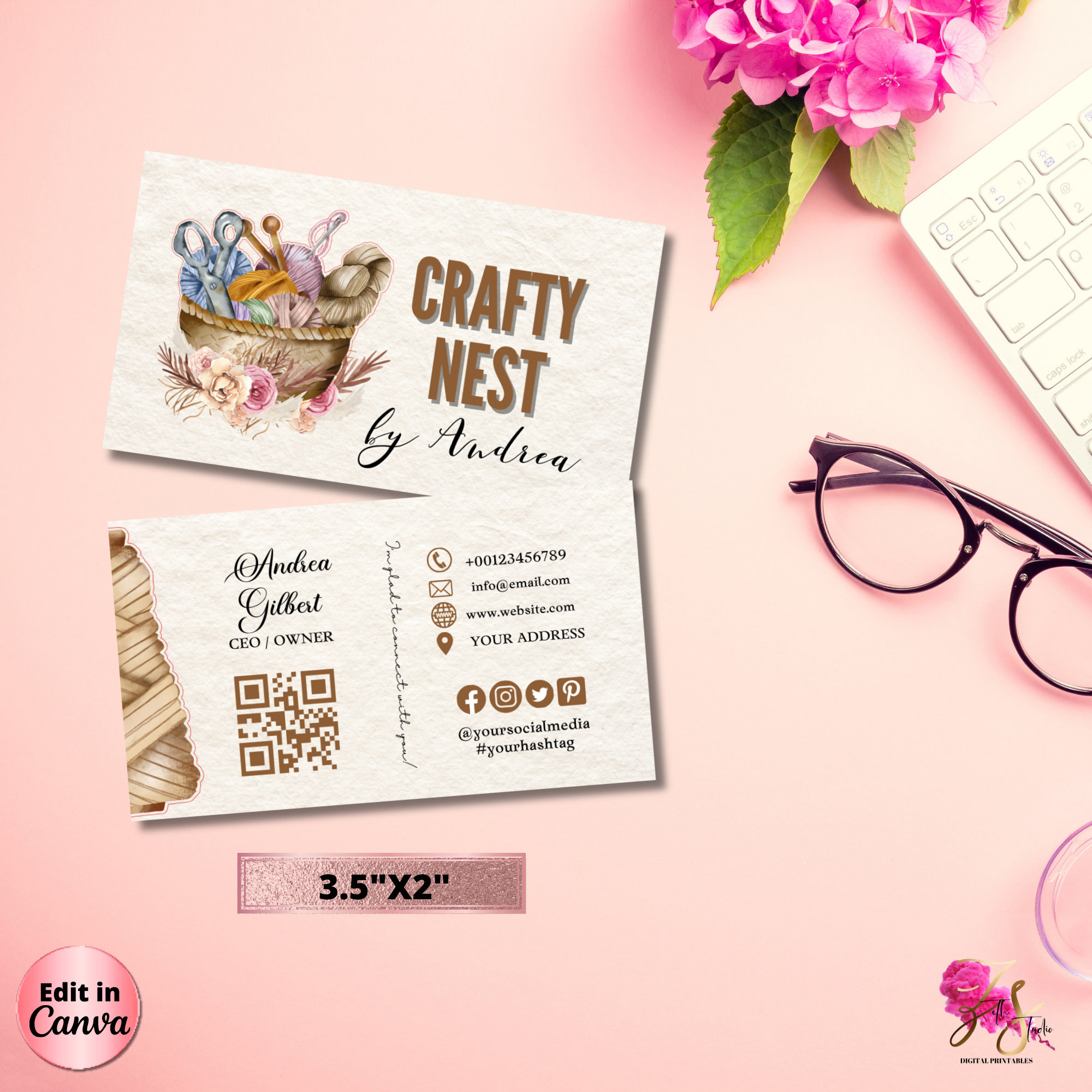 Crochet Modern Editable Business Card Template, Business Card, DIY ...