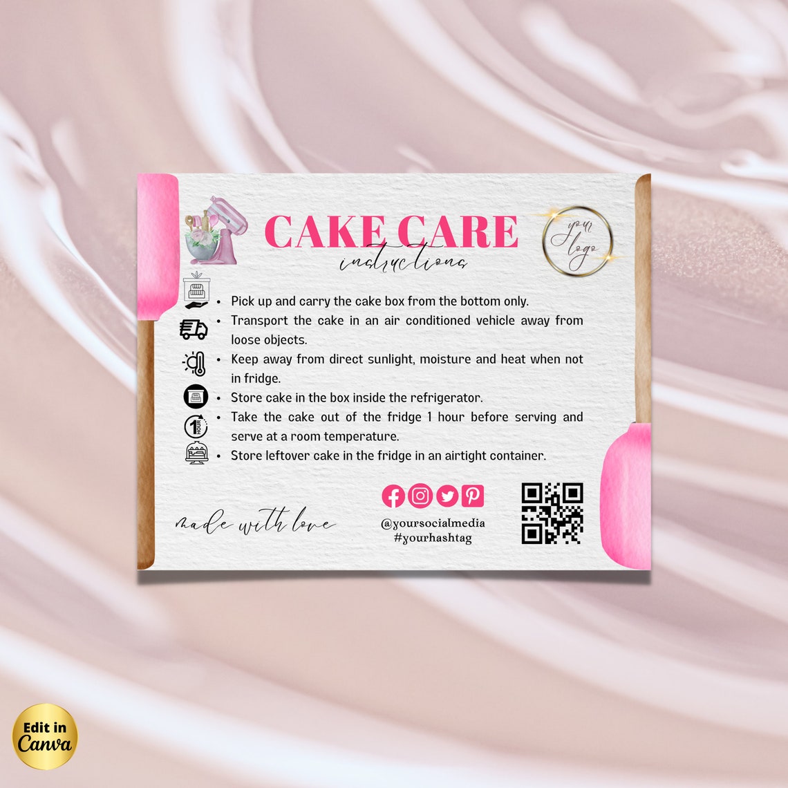 Pink Editable Cake Care Card, Printable Cake Care Template Wedding Cake ...