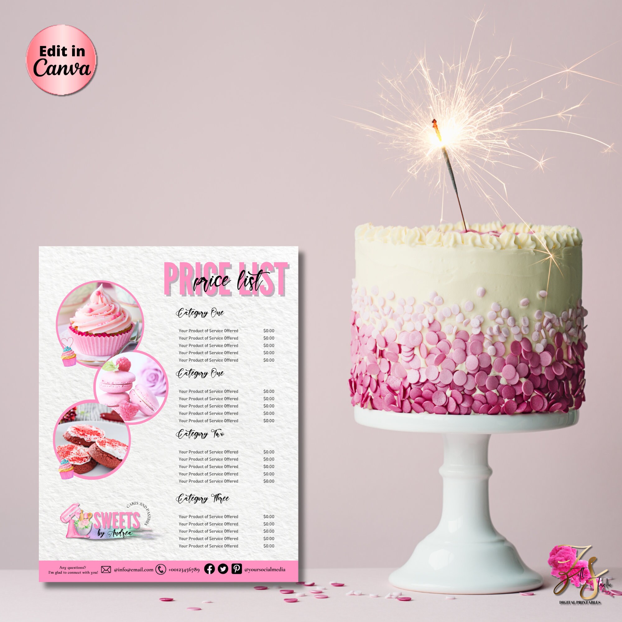 Editable Bakery Editable Price List Template, Pink Cake Printable ...