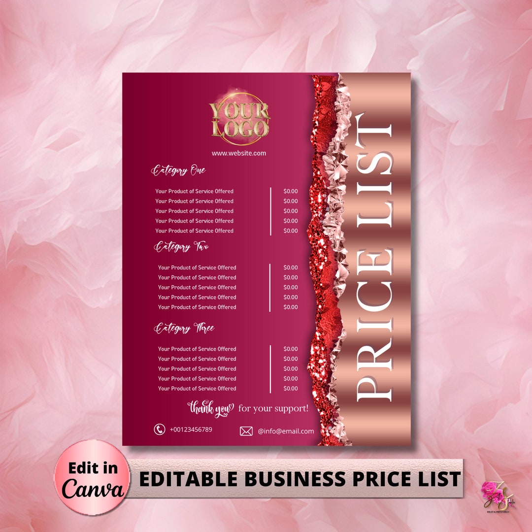 Bronze Editable Price List Template Printable Business Pricing Template ...